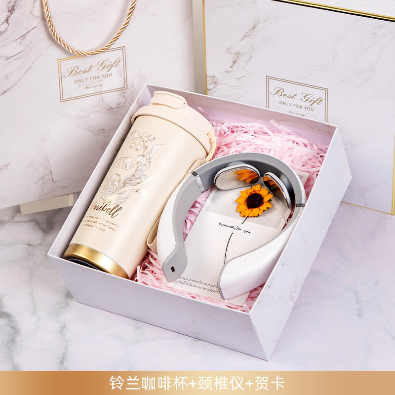 Набор с кофейным стаканом Camellia, открыткой и массажером для шеи, белый, 3 предмета для корпоративных подарков