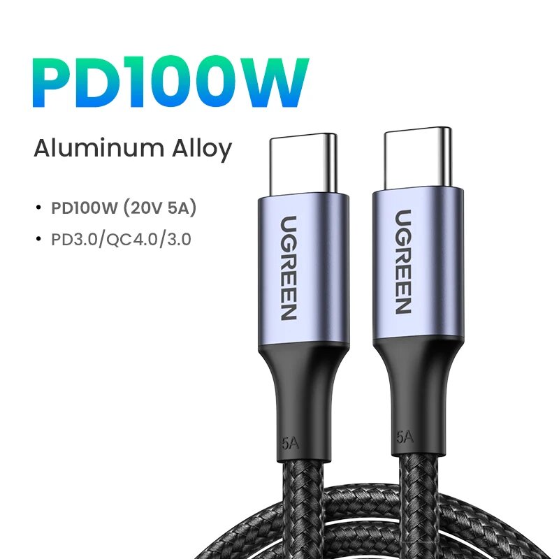 UGREEN Кабель USB Type C — USB C для Samsung S9 Plus PD 100 Вт Кабель Fast Charge Quick Charge 4.0 USB-C для Macbook Pro Шнур USB C 1,5 м, 100W Metal Grey