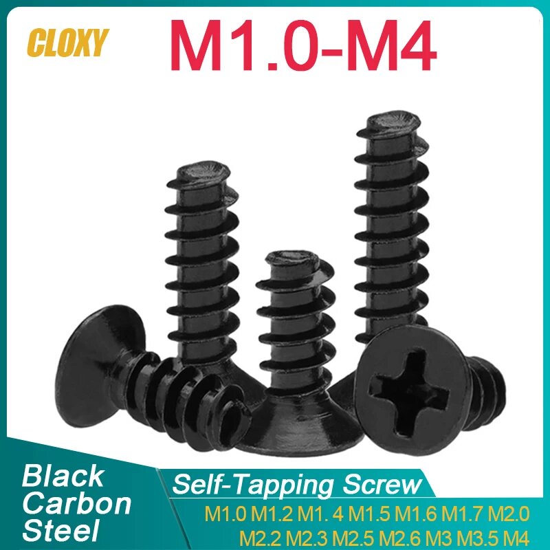 Самонарезающие винты CLOXY M1-M4 черные низкоуглеродистая сталь M2.0 (100pcs), 4mm