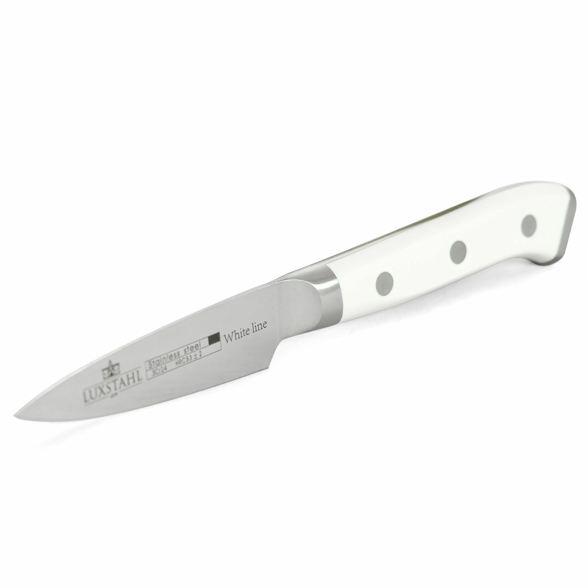 Профессиональный нож для чистки овощей и фруктов, 8 см, White Line, нерж. сталь, ручка пластик, Luxstahl.