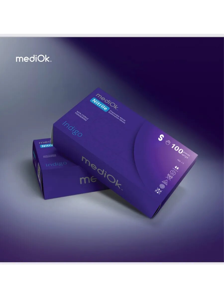 Перчатки нитриловые mediOk, фиолетовый Indigo, размер S, 50 пар