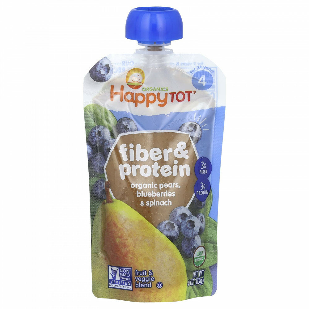 Happy Family Organics, Happy Tot®, клетчатка и протеин, для детей от 2 лет, органические груши, голубика и шпинат, 113 г (4 унции)