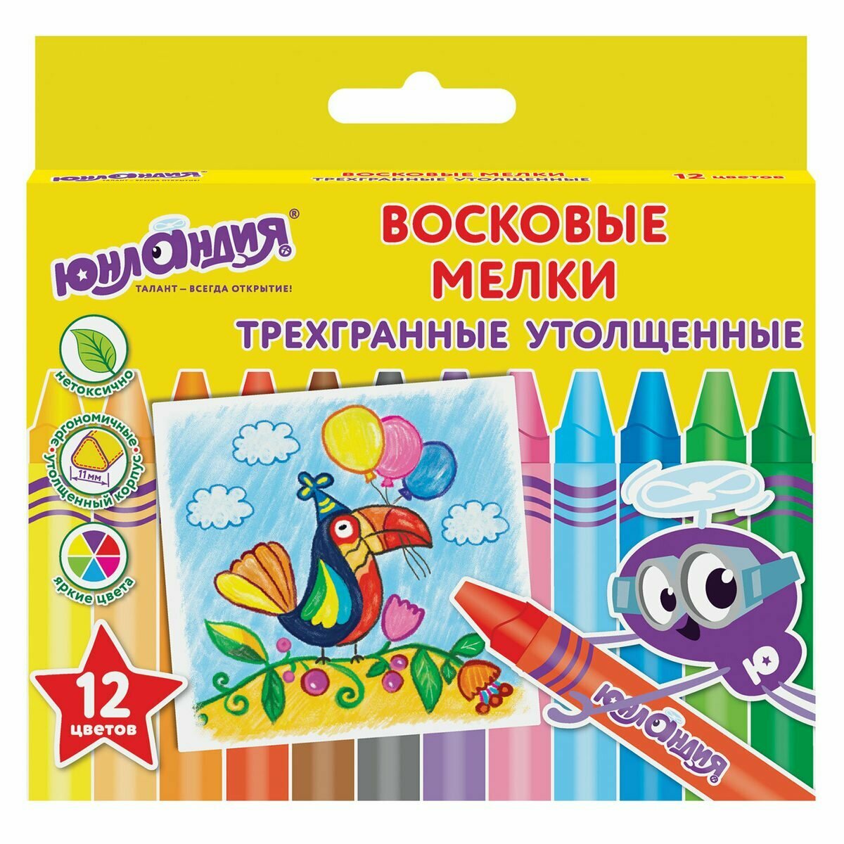 Карандаши восковые 12 цветов Юнландия "Юнландик на празднике" (D=11мм, 3гр, утолщенные) (227293), 144 уп.