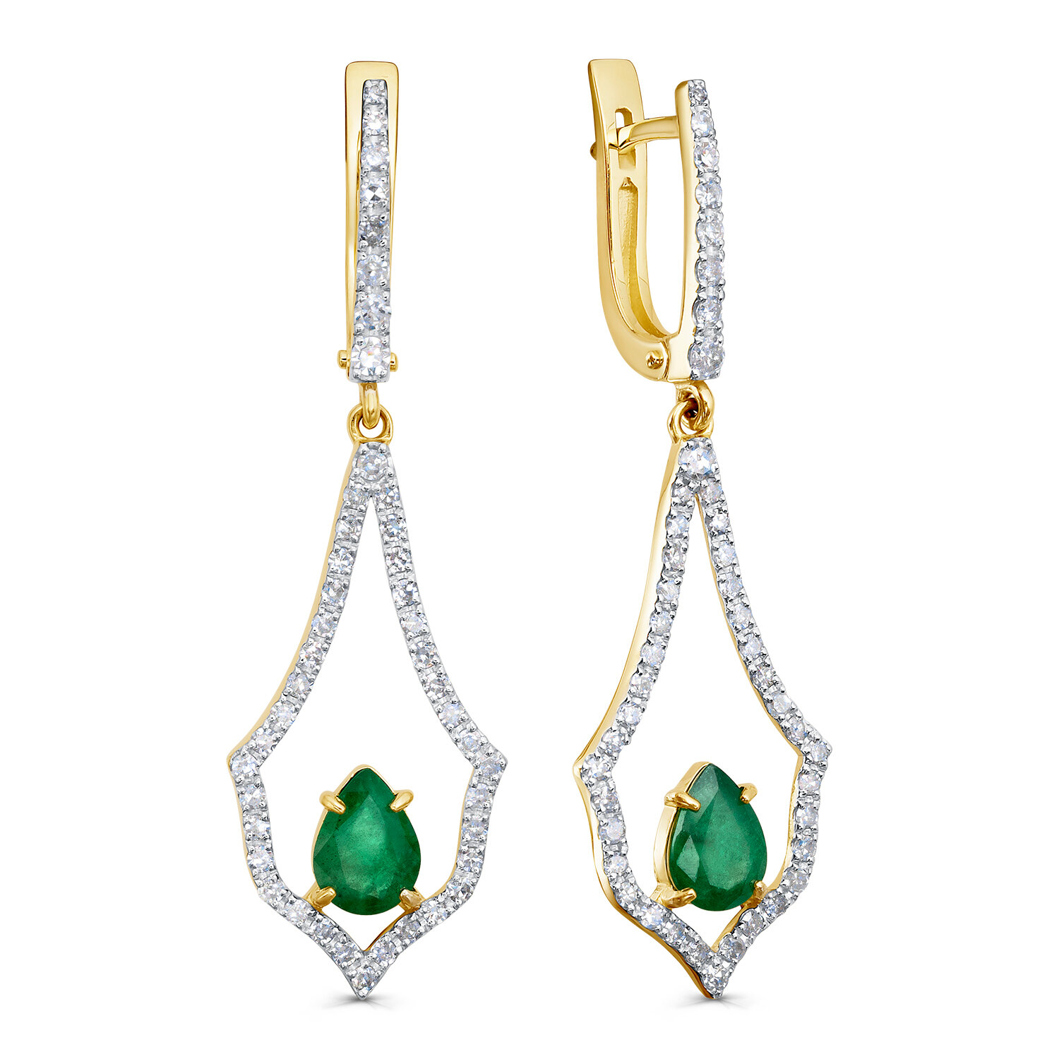 Серьги, желтое золото, 585 проба, бриллиант, изумруд