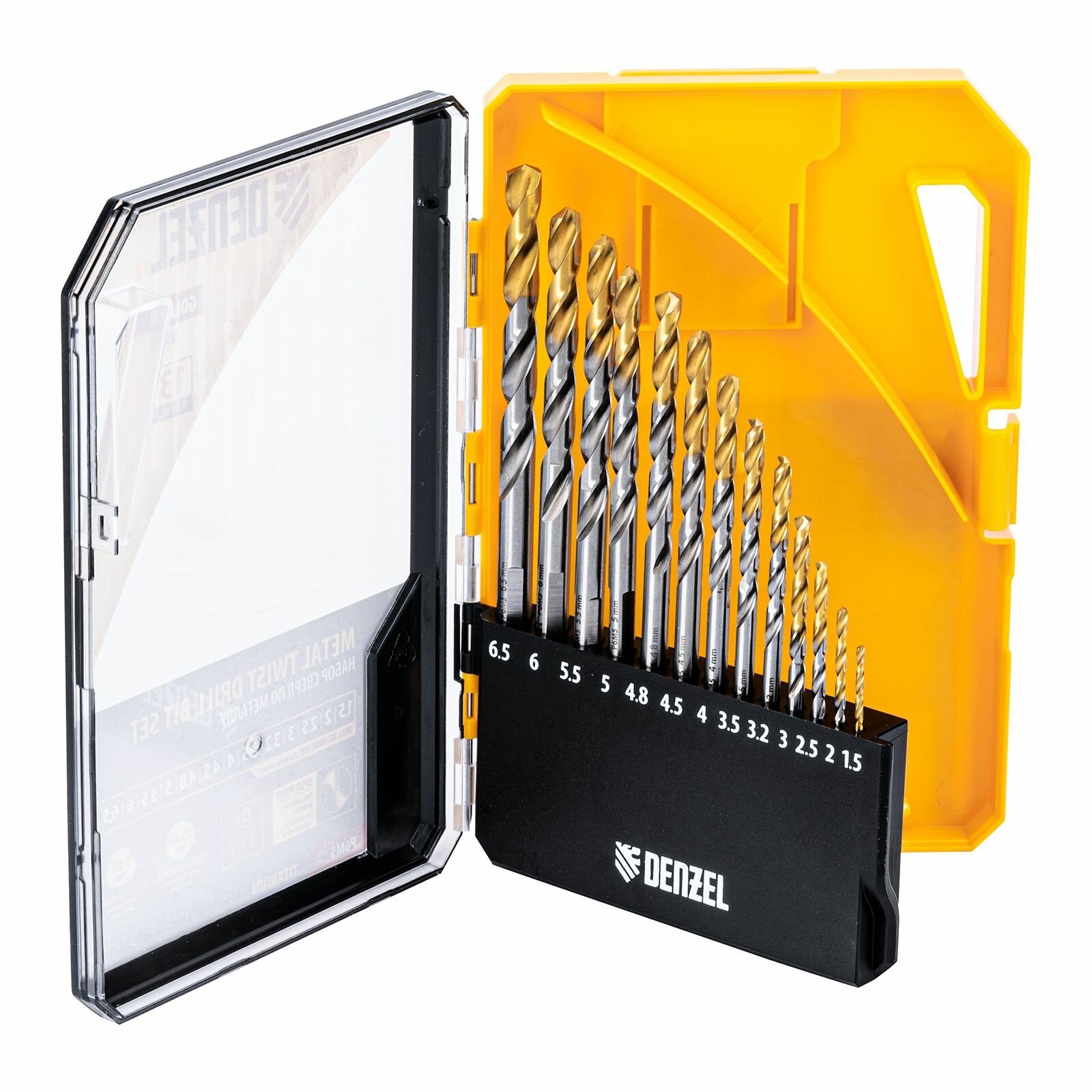 Набор сверл по металлу DENZEL 1,5-6,5 мм, Р6М5-TiN, Golden Tip, 13 шт (723002)