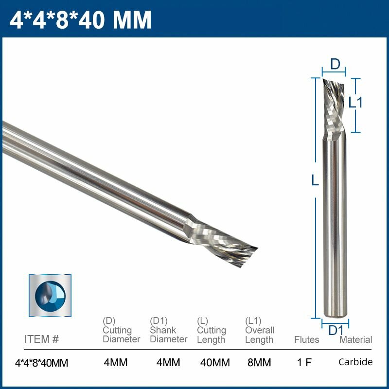 Фреза спиральная однозаходная XCAN, 4х4х8х40 мм, по дереву, левая