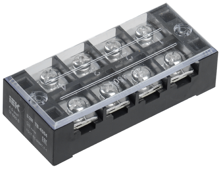 Блок зажимов IEK / ИЭК БЗН ТВ-1004 наборный, трехфазная установка в корпусе из пожаробезопасного карболита, черный, 10мм2, 100А, 4 пары контактов / электрика