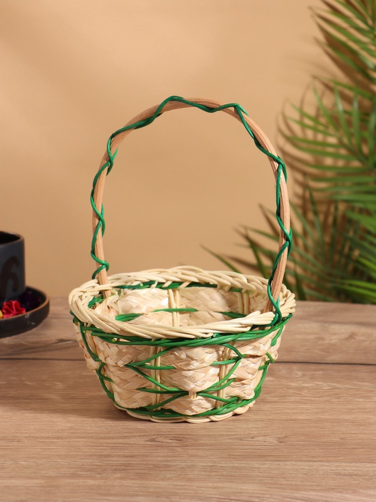 Корзина плетеная Сима-ленд, ротанг, круглая, бежево-зеленая, 17x17x22 см