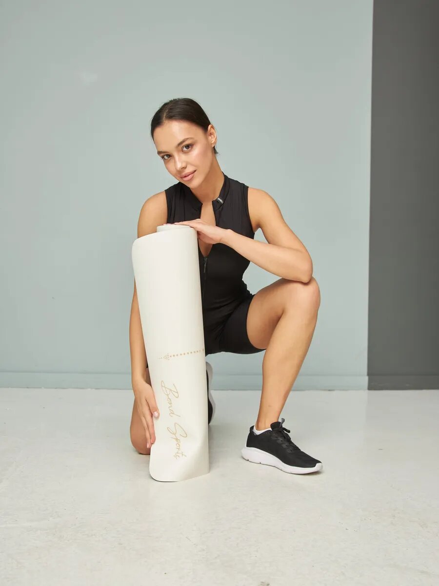 Коврик Bond Sports, для йоги, нескользящий, каучуковый, с ремнем, белый