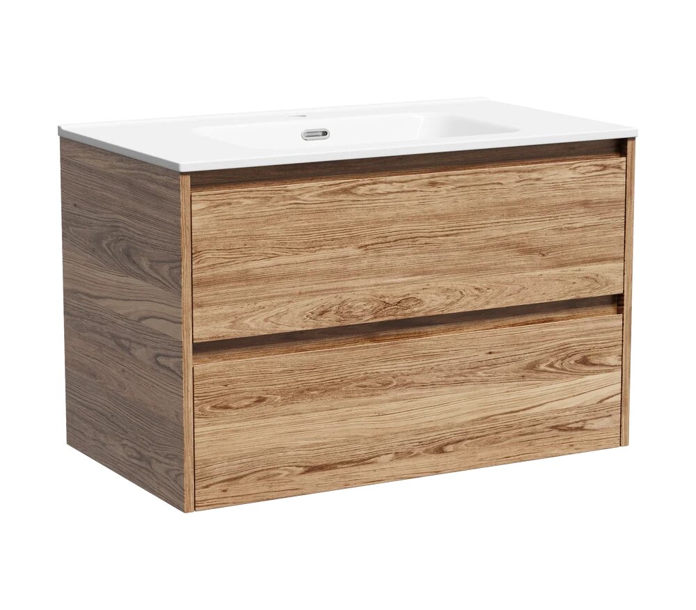Тумба с раковиной Sancos Libra подвесная, 81 см, светлое дерево, матовая, из ЛДСП, с ящиками, раковина для ванной, фарфоровая, прямоугольная, встроенный слив-перелив