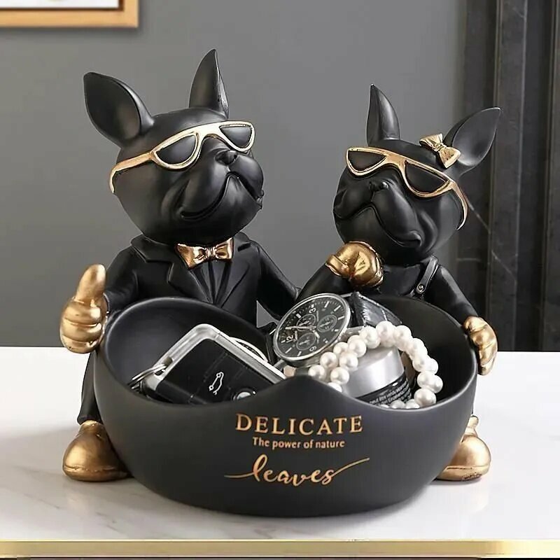 Cобака с подносом, конфетница, Статуэтка интерьерная французский бульдог в современном стиле, декоративная подставка для мелочей
