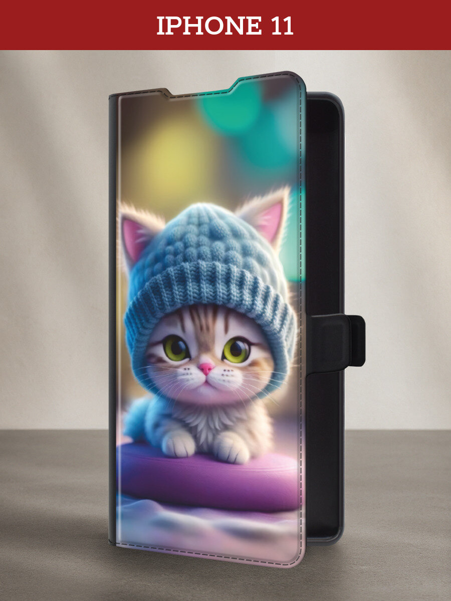 Чехол-книжка на Apple iPhone 11 / Айфон 11 с принтом Котик в голубой шапочке, черный
