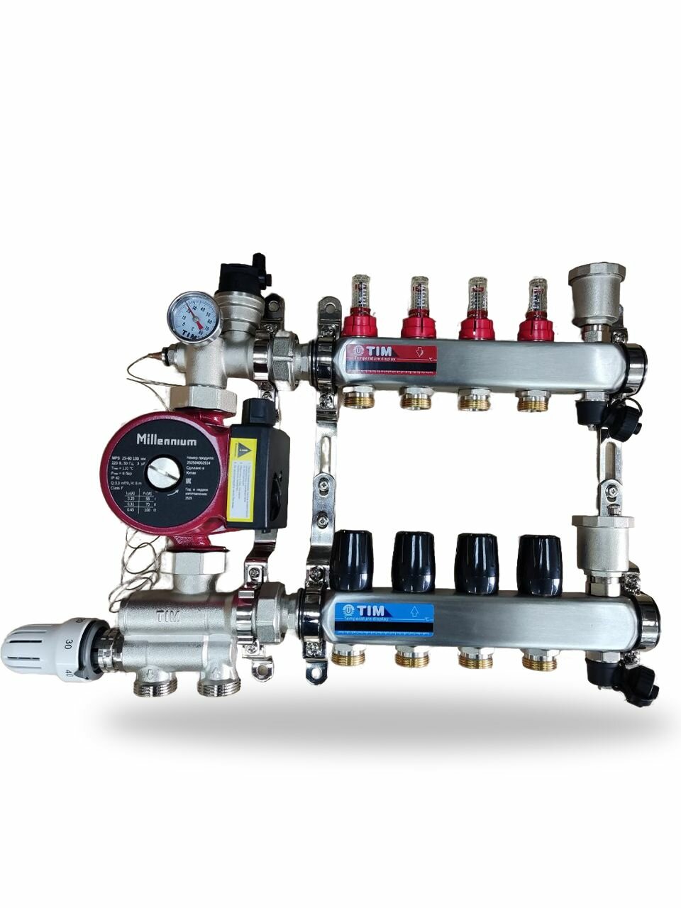 Коллектор для теплого пола на 4 контура с расходомерами + циркуляционный насос 25/6 + смесительный узел от 20-60 С и евроконусами 16х2.0 (до 50 кв/м)
