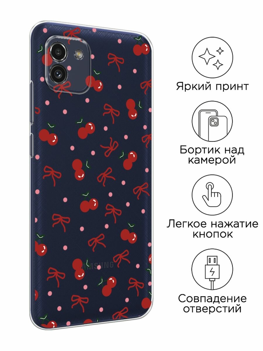 Чехол на Samsung Galaxy A03 / Самсунг Галакси А03 с принтом "Вишни и ленточки", прозрачный — фото 1