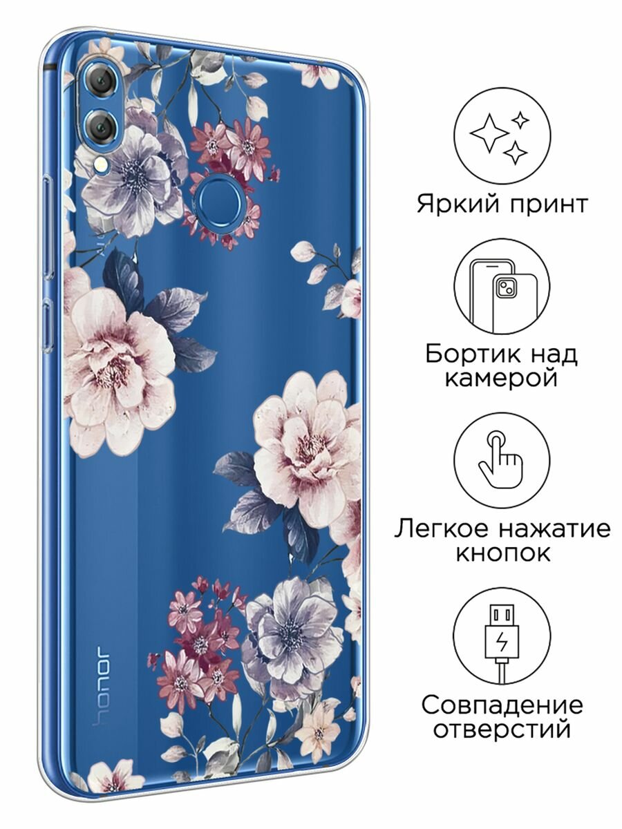 Чехол на Honor 8X / Хонор 8Х с принтом "Нежные винтажные цветы", прозрачный — фото 1