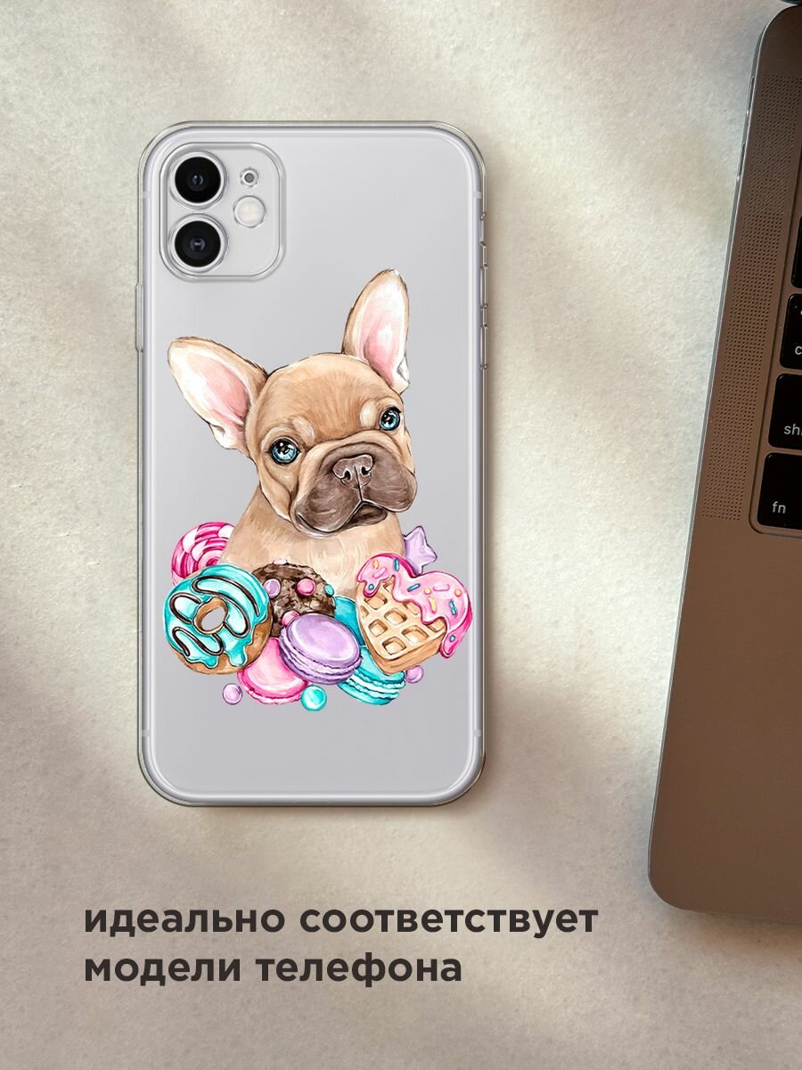 Чехол на Apple iPhone 11 / Айфон 11 с принтом "Бульдог и сладости", прозрачный — фото 1