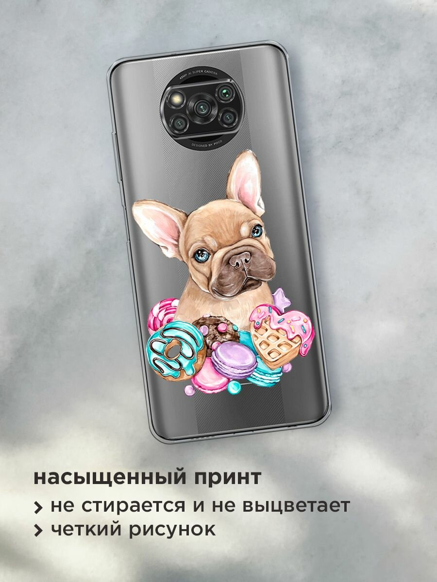 Чехол на Xiaomi Poco X3/X3 Pro / Поко X3/X3 Pro с принтом "Бульдог и сладости", прозрачный — фото 1