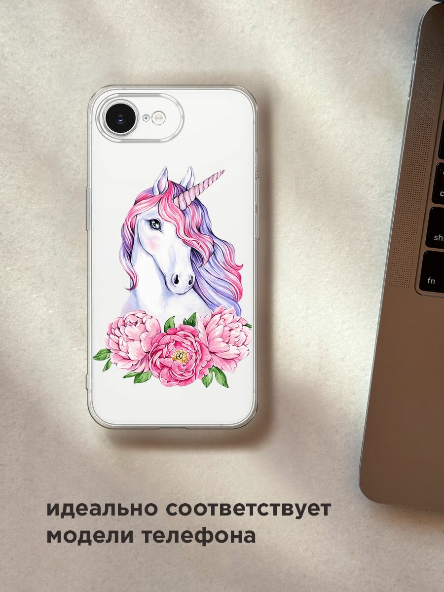 Чехол на Apple iPhone 16e/17e / Айфон 16е/17e с принтом "Единорог с пионами", прозрачный — фото 1
