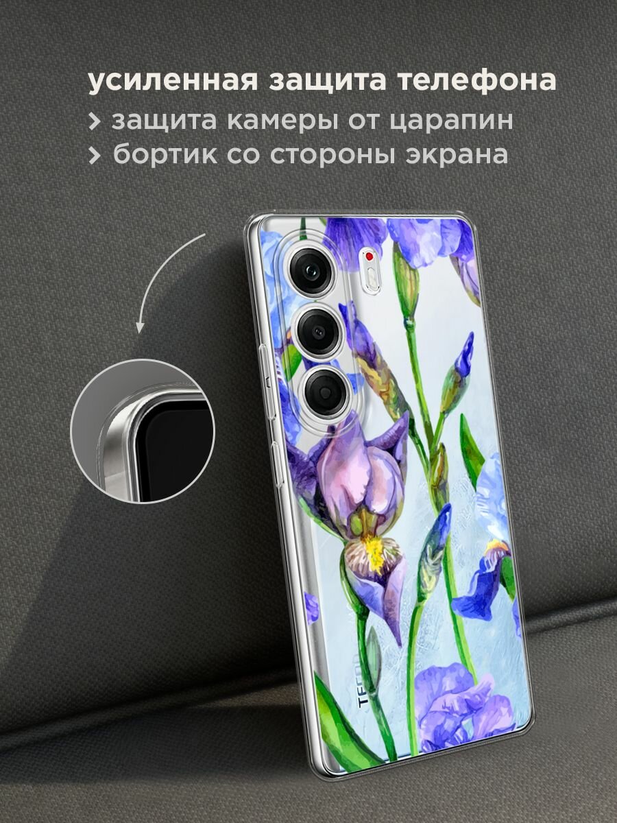 Чехол на Tecno Camon 40 Pro 5G / Текно Камон 40 Про 5G с принтом "Синие ирисы", прозрачный — фото 1