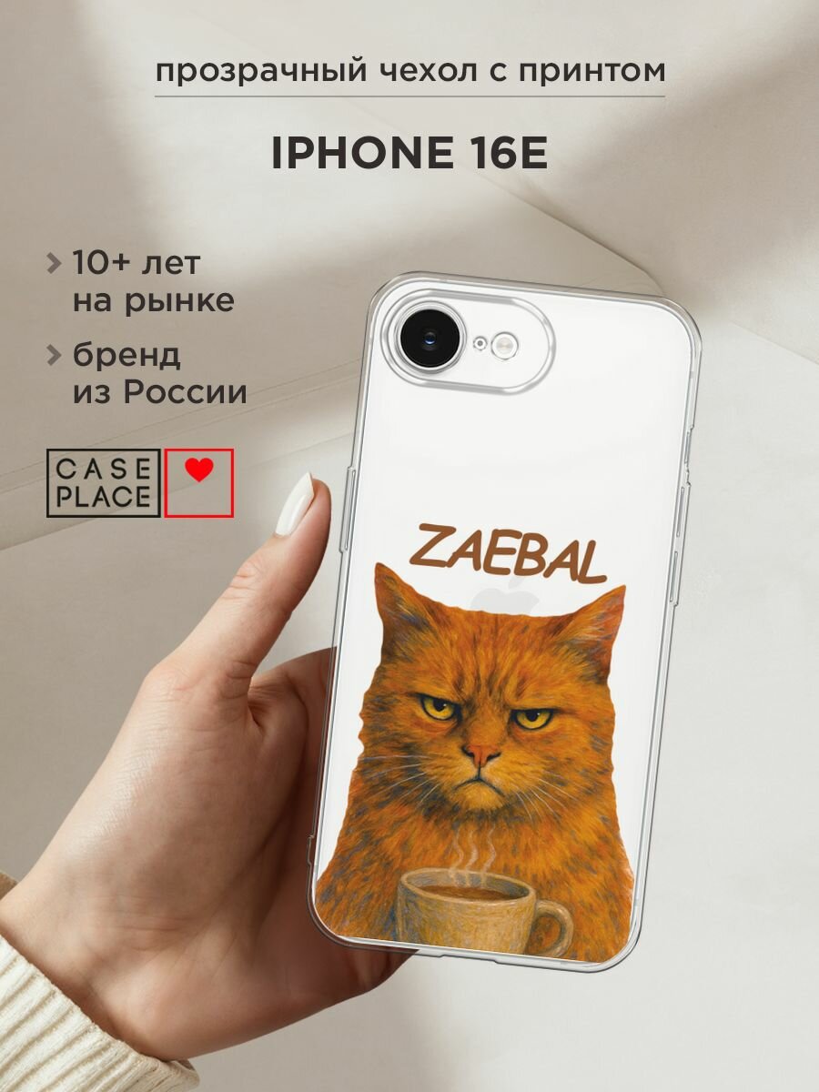 Чехол на Apple iPhone 16e/17e / Айфон 16е/17e с принтом "Рыжий кот с надписью", прозрачный