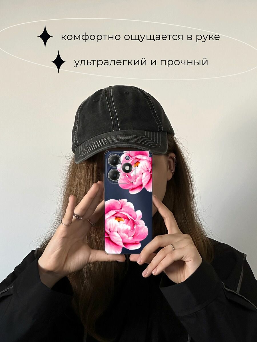Чехол на Itel A70 / Ител А70 с принтом "Open peonies", прозрачный — фото 1