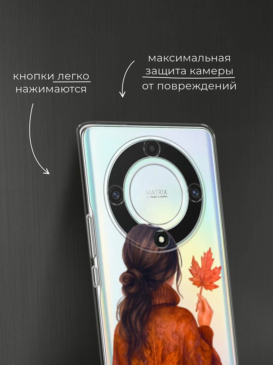 Чехол на Honor X9A / Хонор X9A с принтом "Девушка с опавшим листом", прозрачный — фото 1