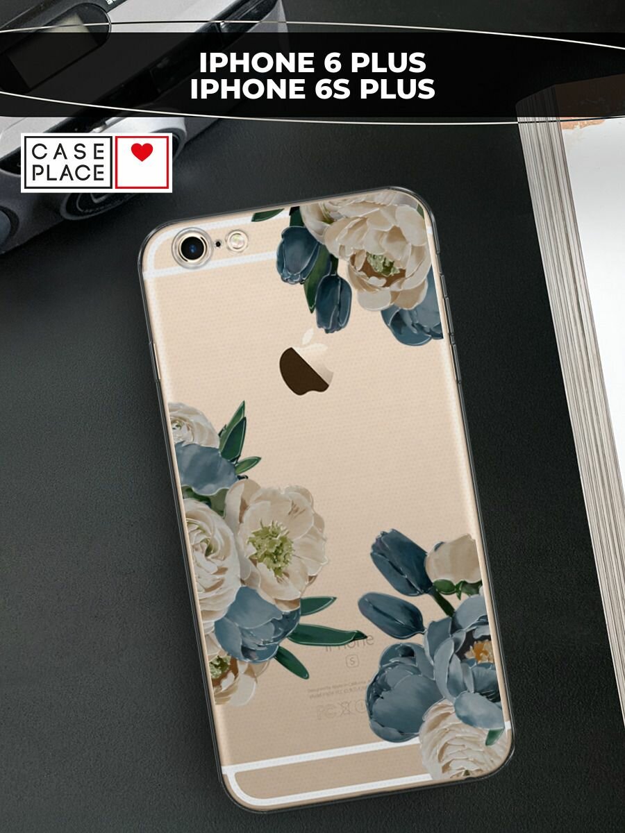 Чехол на Apple iPhone 6 Plus/6S Plus / Айфон 6 Плюс/Айфон 6С Плюс с принтом "Бежевые и голубые бутоны"