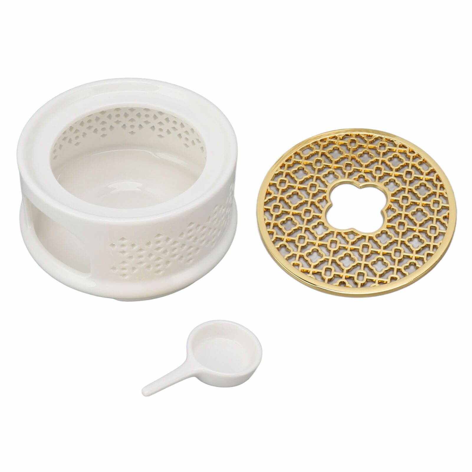 Керамическая подставка для подогрева чайника с подсвечником, белая, с ложкой и крышкой для сохранения тепла