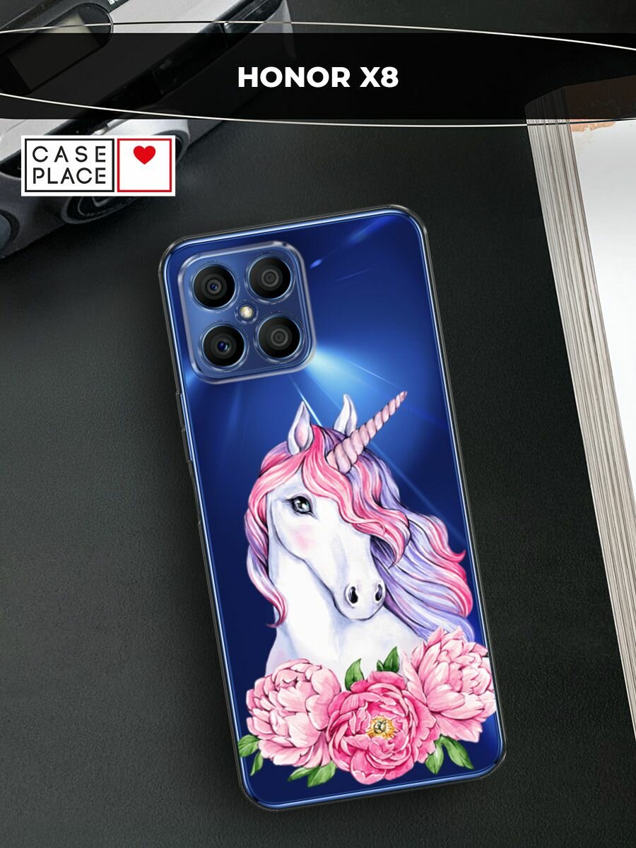 Чехол на Honor X8 / Хуавей X8 с принтом "Единорог с пионами", прозрачный