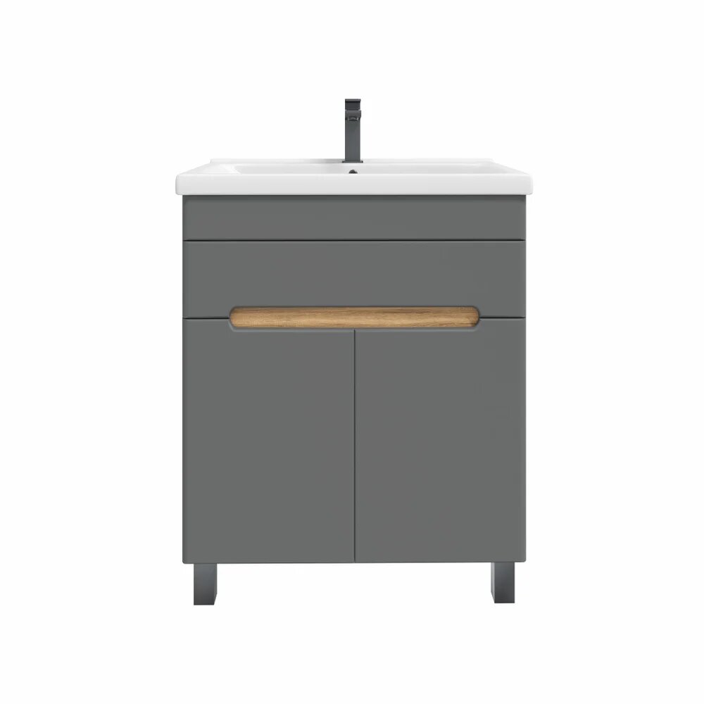Тумба с раковиной SanStar Модена 70 напольная, 70 см, серая, светлое дерево, матовая, из МДФ, с ящиками, с дверками, раковина для ванной, фарфоровая, прямоугольная