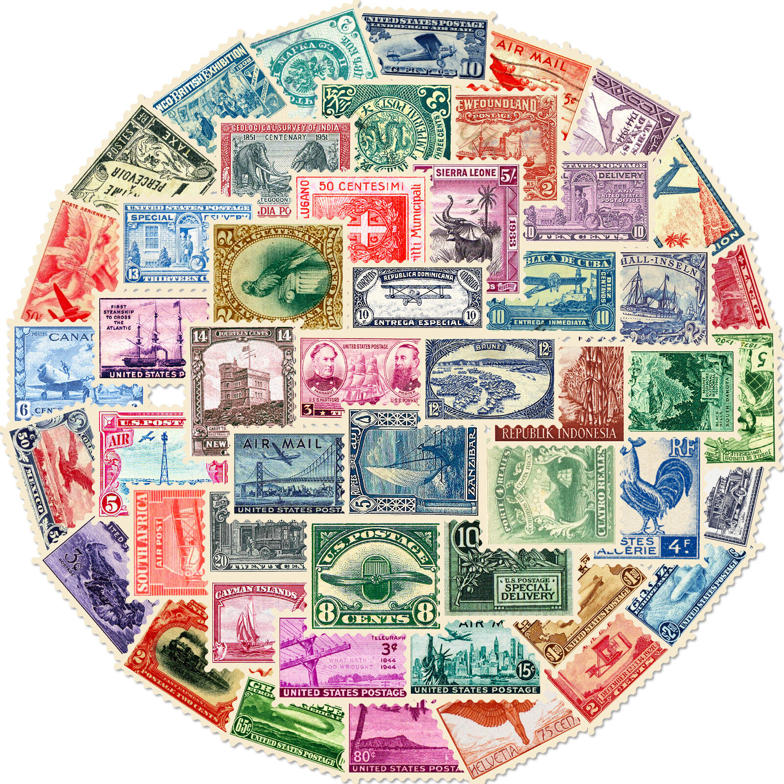 50 шт. винтажных наклеек-штампов для альбома, виниловые наклейки на тему ретро-путешествий с изображением валют, авиапочты и городских почтовых штемпелей, водонепроницаемые декоративные наклейки для журналов, ноутбуков, чемоданов и чехлов для телефон