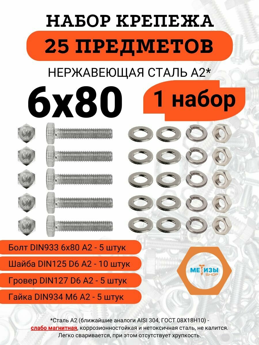 Набор крепежа из нержавеющей стали (Болт DIN933 6х80 в комплекте с гайкой DIN934, шайбой DIN125 и гровером DIN127)