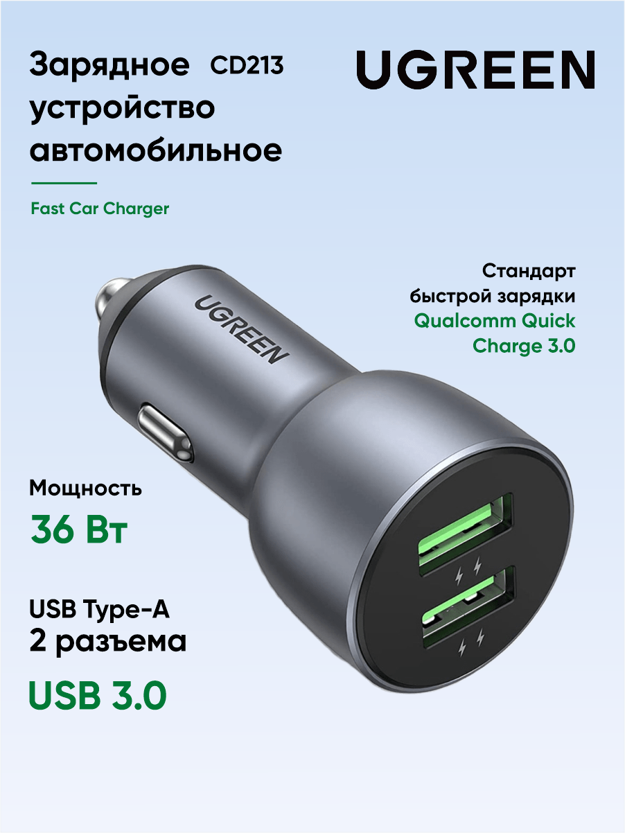 Автомобильное зарядное устройство UGREEN CD213 (10144) Fast Car Charger. Цвет: темно-серый