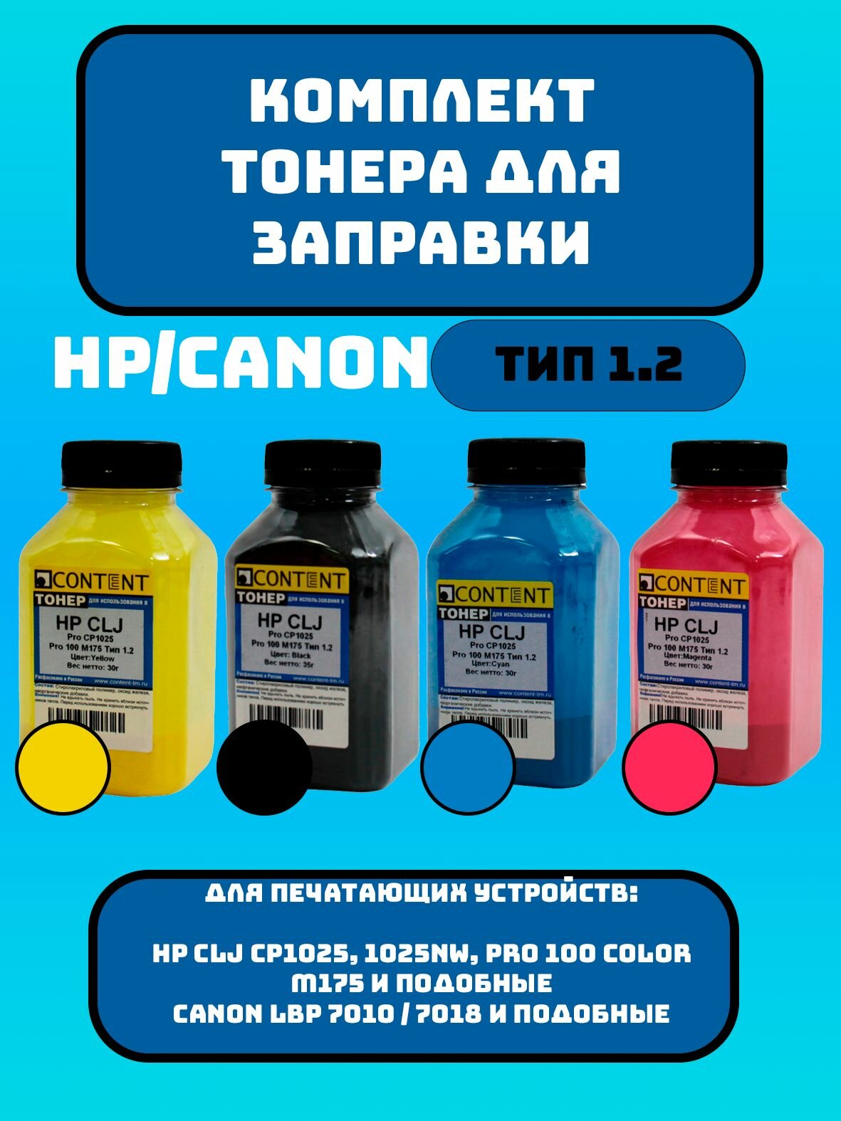Тонер Content для HP CLJ Pro CP1025, Pro 100 M175, Canon LBP 7010, 7018, Тип 1.2. Комплект их 4-х цветов.