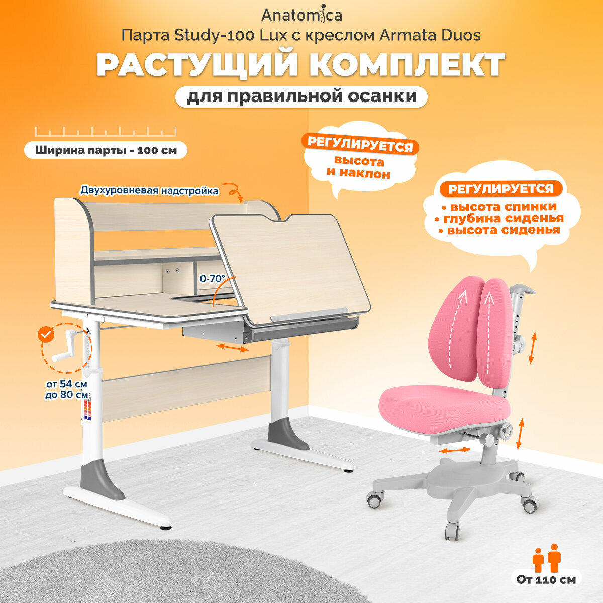 Комплект Anatomica парта + кресло, цвет клен/серый с розовым креслом
