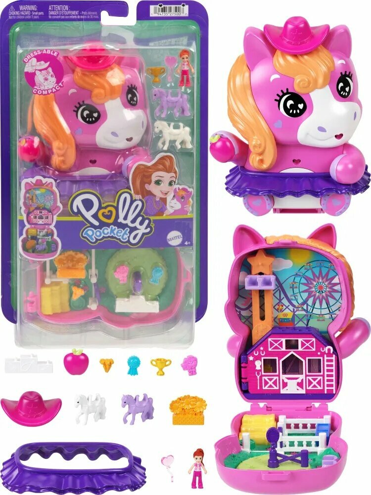 Игровой набор Polly Pocket с 1 микрокуклой и питомцем, игрушка для путешествий с едой и аксессуарами для укладки