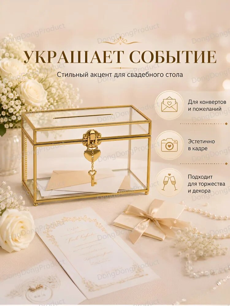 Копилка для крышек, 25.5х20 см, 1 шт, для свадебных пожеланий, стеклянная шкатулка с золотой рамкой