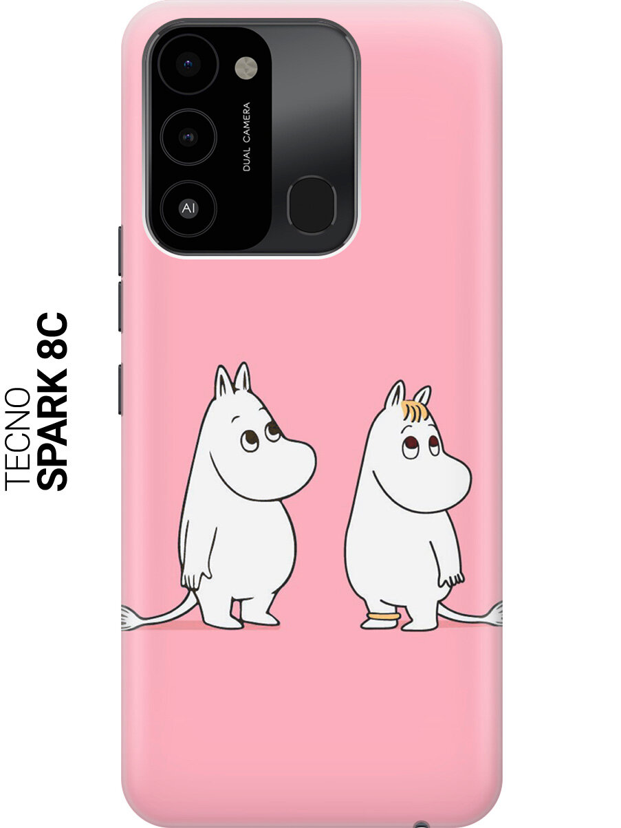 Силиконовый чехол на Tecno Spark 8C / Go 2022 / Техно Спарк 8С / Го 2022 с рисунком "Муми-тролли на розовом"
