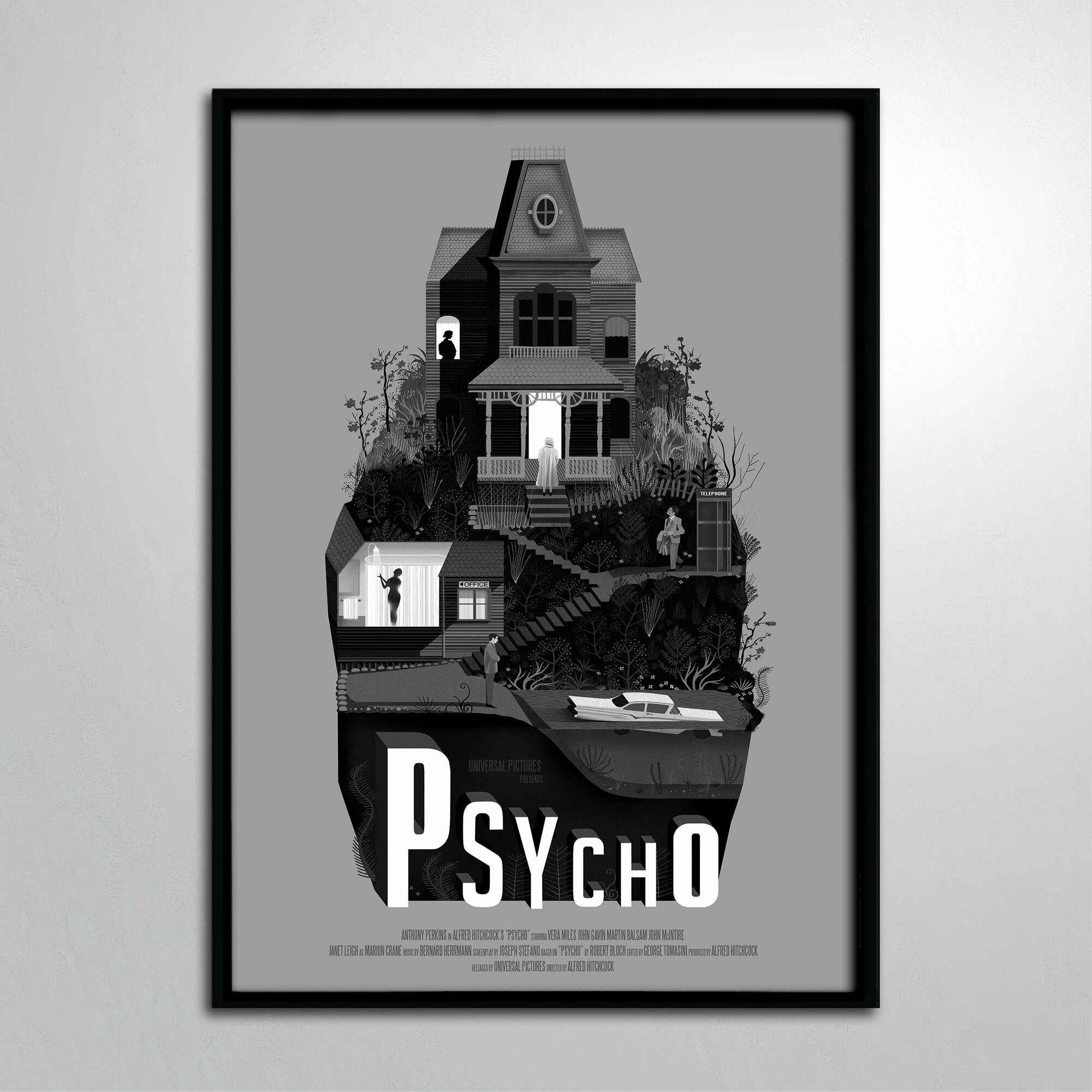 Постер без рамы/Винтажный плакат/ Альфред Хичкок Психо (1960) Энтони Перкинс Вера Майлз Отель Схема Psycho (А2/420х594)
