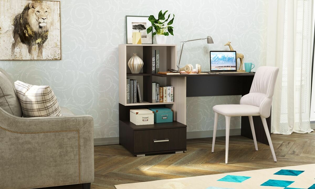 Компьютерный стол ПКС-10, Венге/Белфорт, ЛДСП, с полками, с ящиком для спальни, кабинета, 1482х1055х570, памир