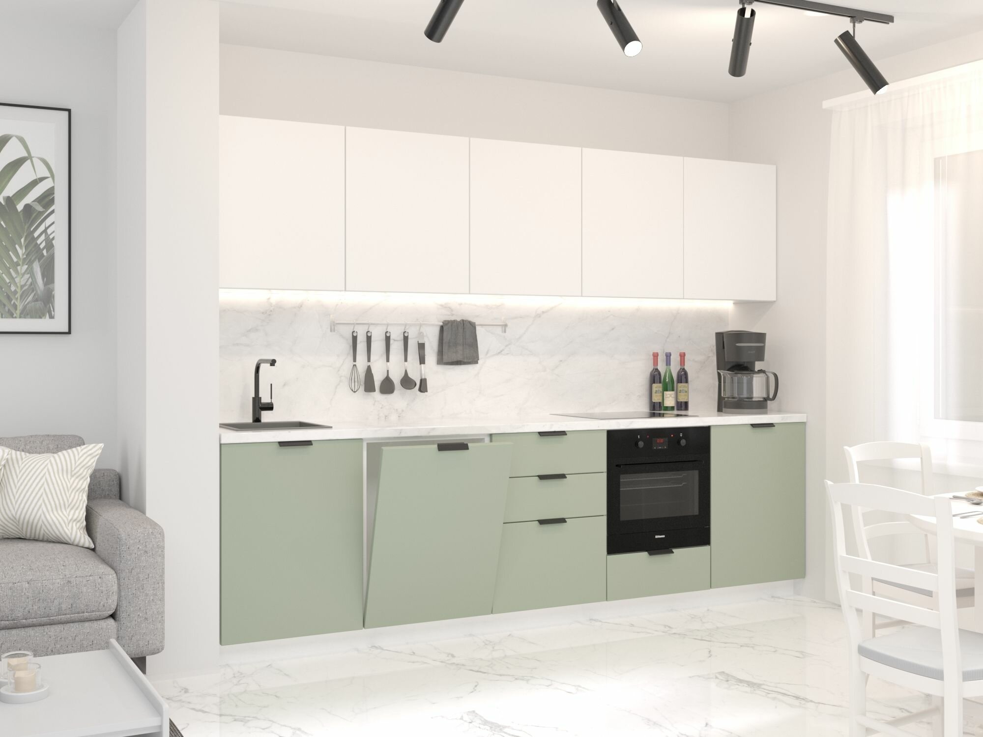 Кухонный гарнитур Фьюжн, Зеленый/Белый матовый, 3000 мм