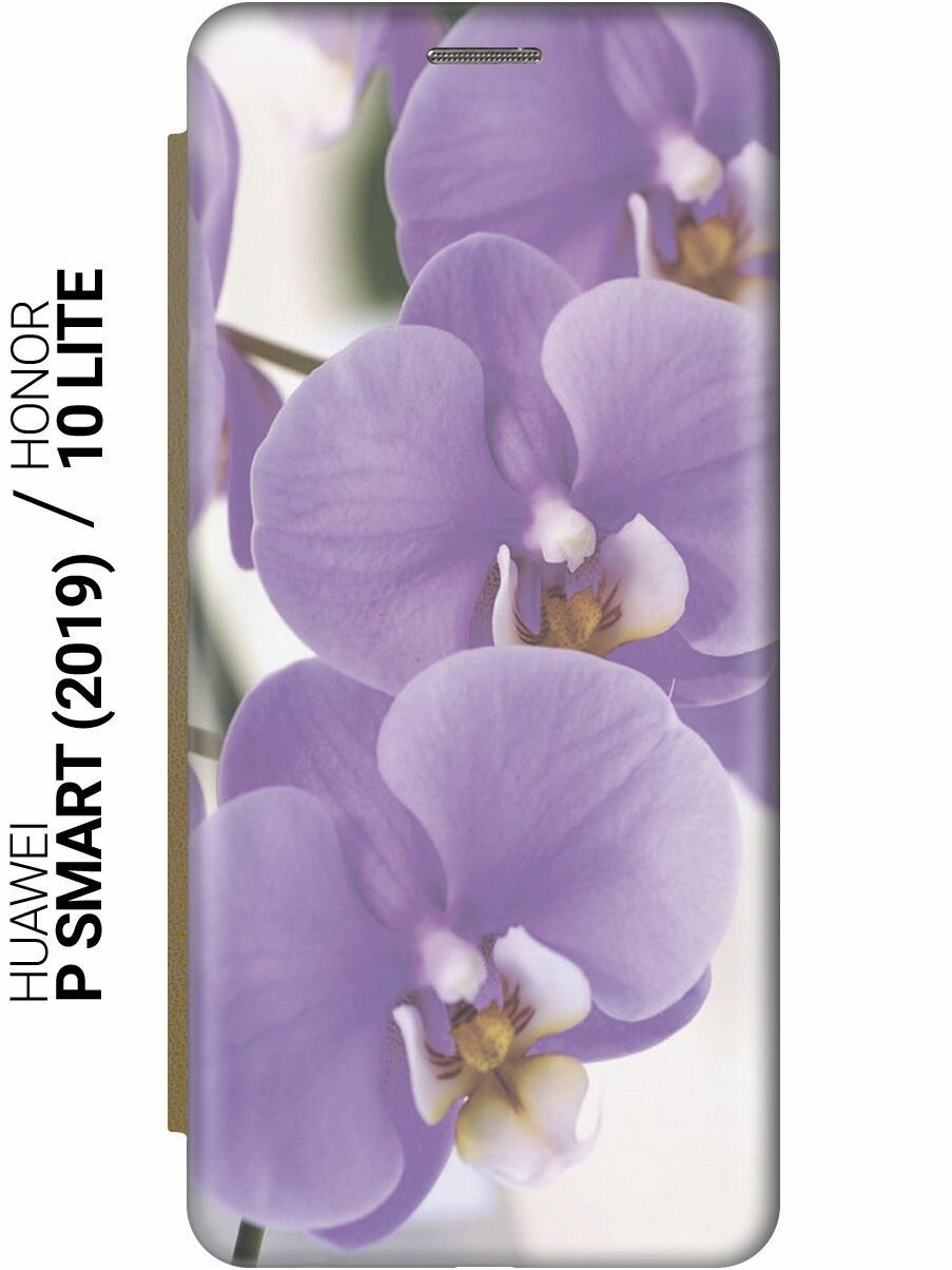 Чехол-книжка на Honor 10 Lite, Huawei P Smart (2019), Хуавей П Смарт (2019), Хонор 10 Лайт с 3D принтом "Сиреневые орхидеи" золотой