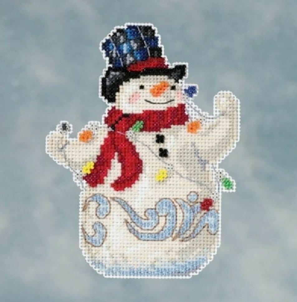 Набор для вышивания Mill Hill #JS201611 Snowman with Lights (Снеговик с гирляндой), Счетный крест, 9.5 x 12.7 см