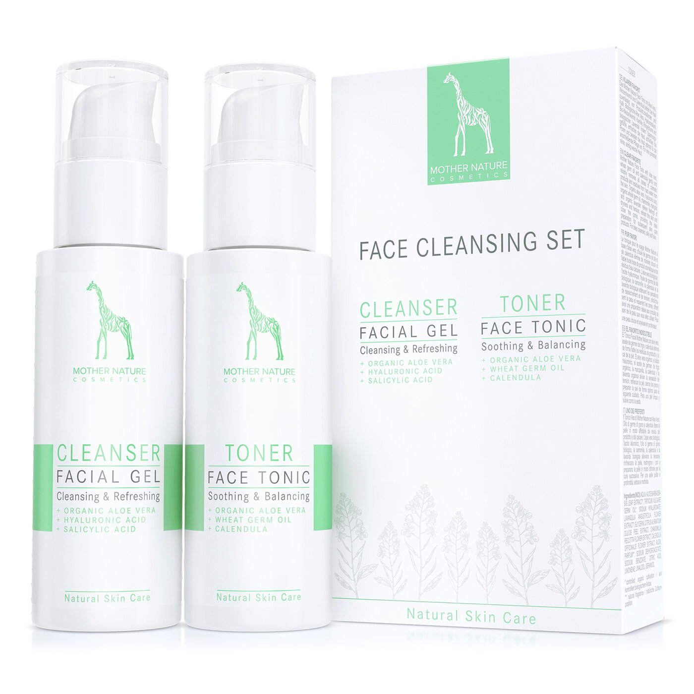 Набор для очищения лица с органическим алоэ вера и гиалуроновой кислотой - Натуральная косметика - 2 x 125 мл от Mother Nature Cosmetics - Гель для умывания и тоник для лица