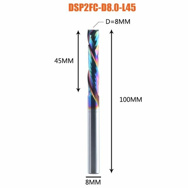 Dreanique спиральная компрессионная фреза для раскроя дерева на чпу (8х45х100х8 DLC) DSP2FC-D8.0-L45 11359