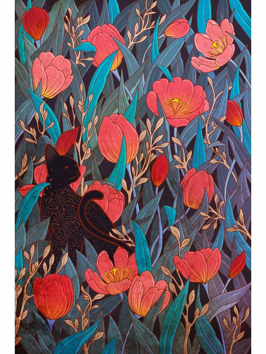Постер "Черный кот и тюльпаны"