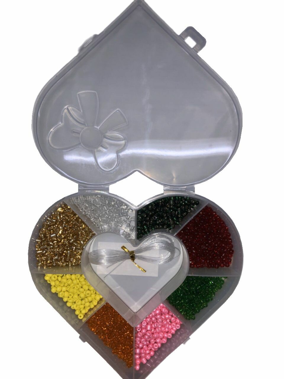 Набор круглого бисера 4 мм 9 ячеек 8 цветов + нейлоновая леска Сердце