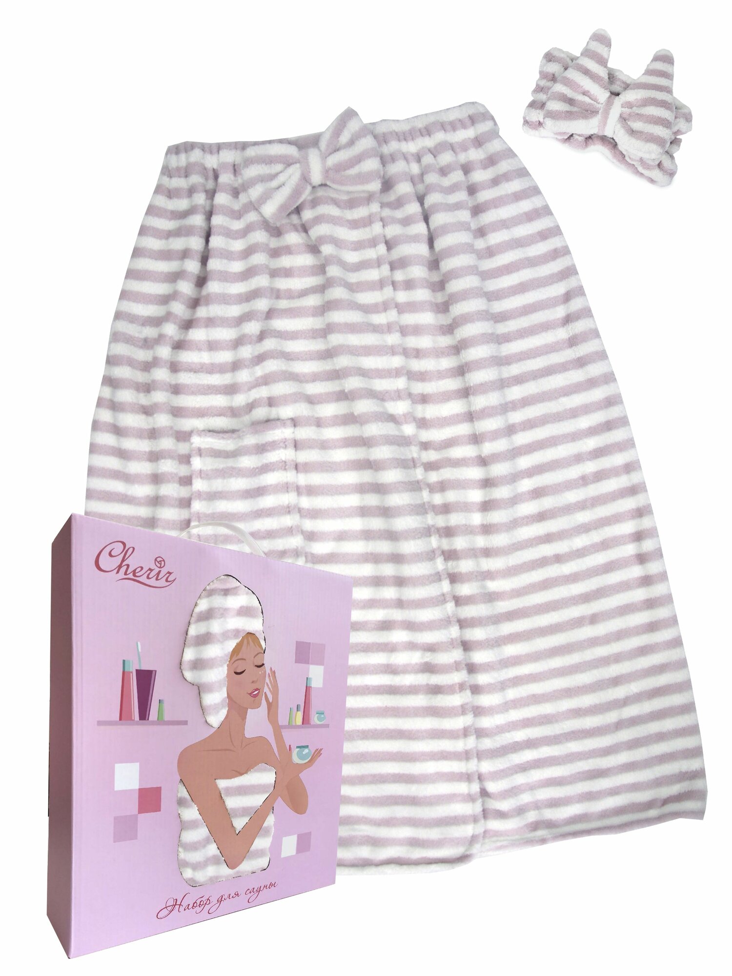 Набор для сауны женский полотенце на текстильной застежке и повязка 72x140 и 8x17,5 см