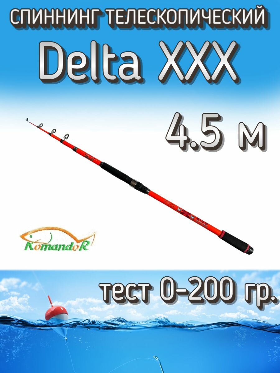 Спиннинг Komandor телескопический Delta XXX красный, тест 0-200 грамм, 450 см