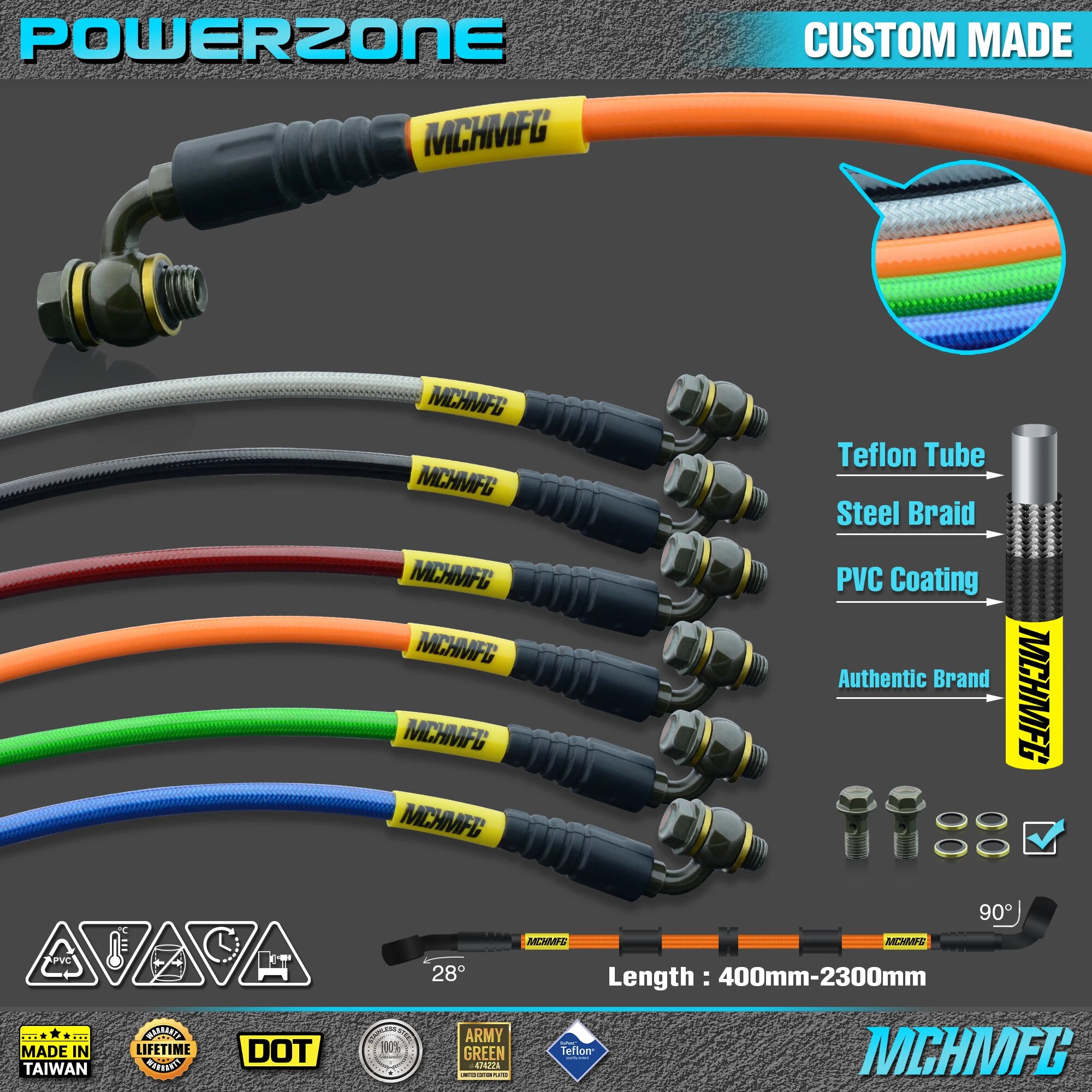 Мотоциклетный велосипед, плетеная стальная гидравлическая усиленная тормозная магистраль, масляный шланг сцепления, трубка от 450 до 2300 мм, 90-28 градусов, подходит для гонок MX
